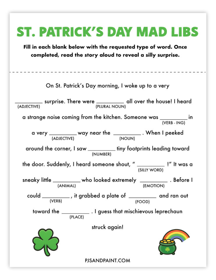 Free Printable St. Patrick's Day Mad Libs - Pjs and Paint