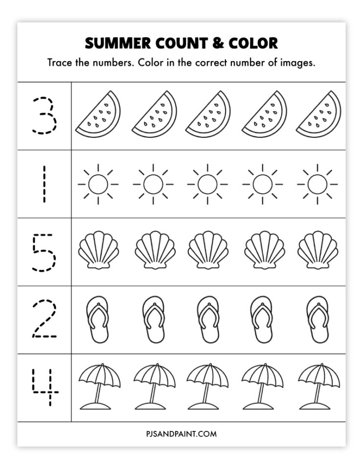 Free Printable Summer Count and Color Worksheet - Pjs and Paint