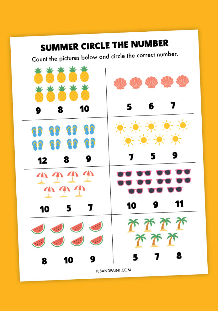 Free Printable Summer Circle the Number Worksheet - Pjs and Paint